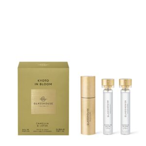 glasshouse fragrances kyoto in bloom eau de parfum gift set, 3 perfumes + refillable twist & spray atomizer, camellia & lotus scent, travel size, 3 x 0.64 fl oz