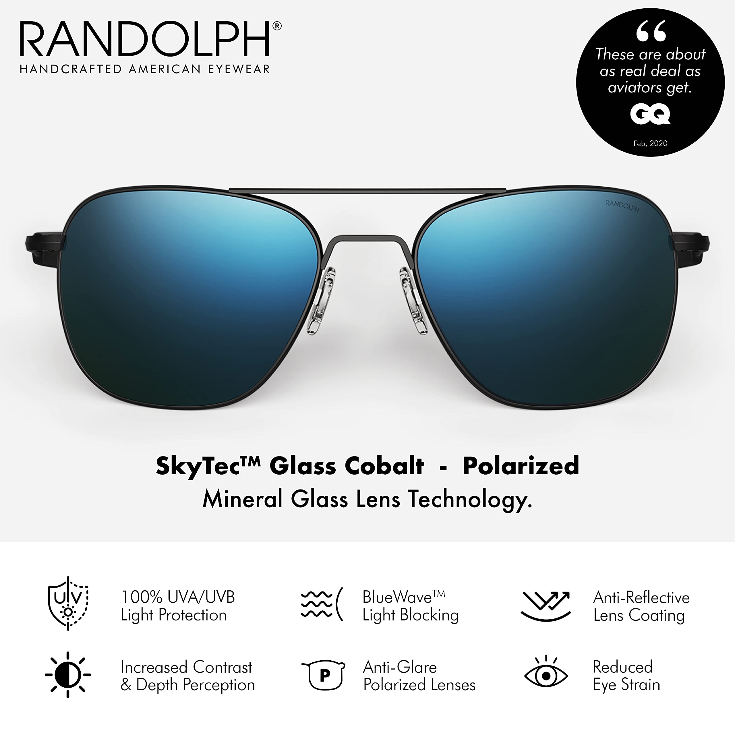 Randolph USA | Matte Black Classic Aviator Sunglasses for Men or Women Polarized 100% UV