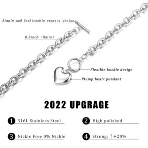 LOYALLOOK 3Sets Heart Pendant Necklace Toggle Chain Heart Bracelet Heart Stud Earrings for Women Stainless Steel Charm Love Heart Jewelry Set for Valentine's Day