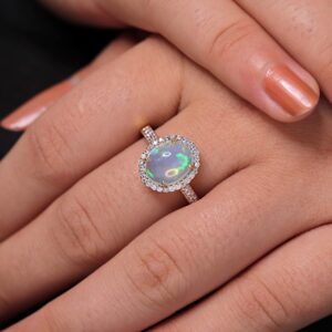 Certified 14K Yellow Gold with 1.6 cts Opal Cabochan Real Gemstone and 0.23 carats Natural diamonds (H-I color, VS2-SI1 Clarity) Engagement wedding Ring For Women