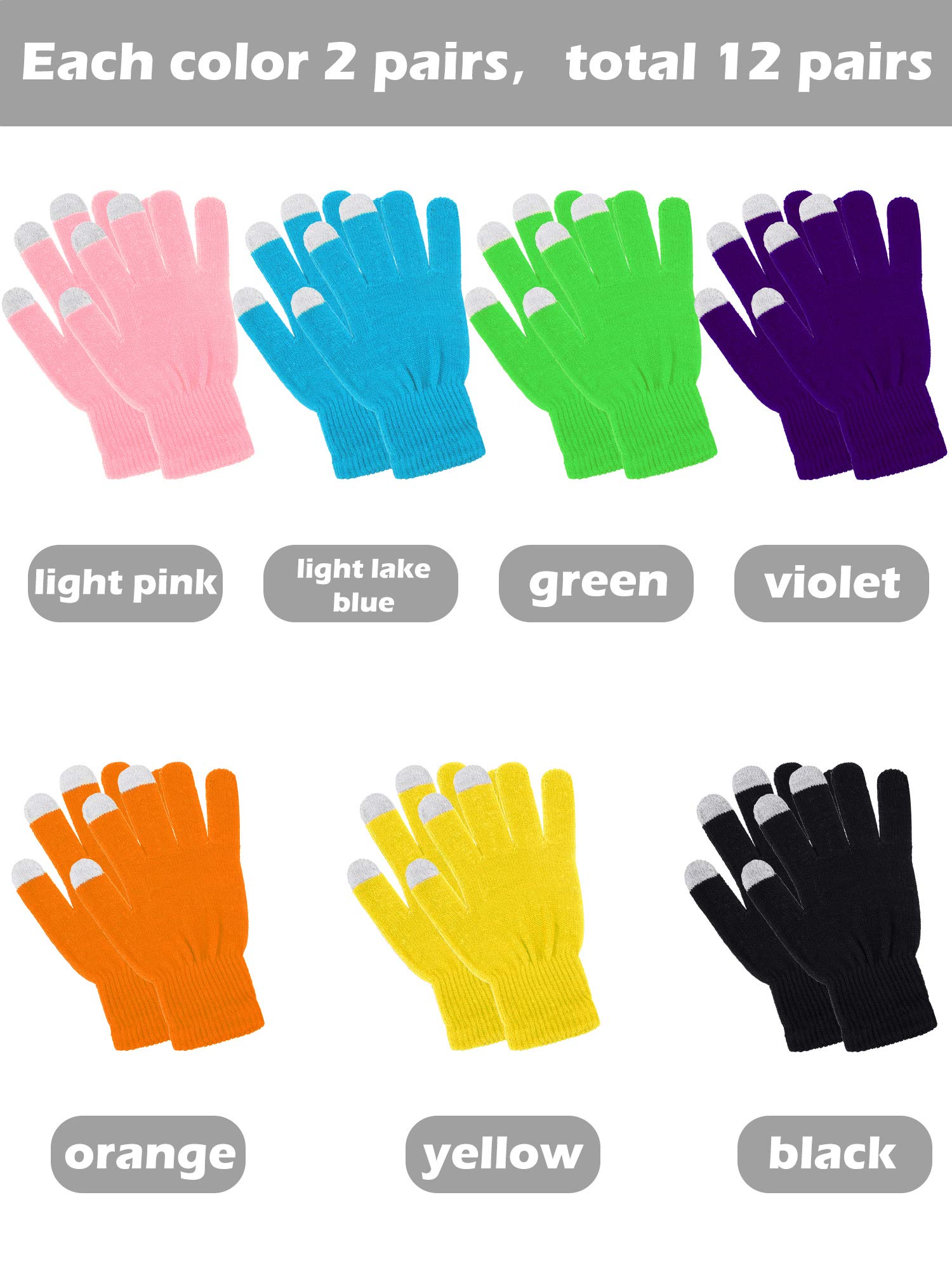 12 Pairs Winter Touchscreen Gloves For Men Women Stretch Knitted Texting Gloves Warm Windproof Solid Color Mittens(7 x 4 Inch,Black, Pink, Green, Purple, Orange, Blue, Yellow)