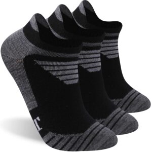 rtzat 90% merino wool athletic running tennis ultra-light ankle low cut no show cushioned socks for men & women, large, black&dark gray, 3 pairs