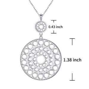 S925 Sterling Silver Long Chain Circle Necklace for Women Statement Pendant Fringe Sweater Necklaces Floral