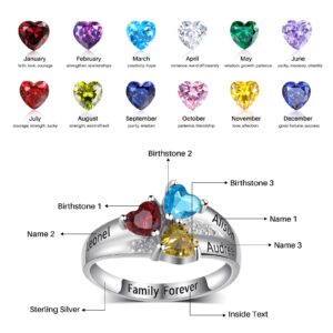 LanM Mothers Ring with 3 Birthstones Personalized Sterling Silver Rings for Women Custom Mom Rings with 3 Name Mothers Day Ring for Mom Grandmother Wife