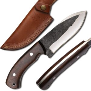 High Carbon Steel Knife - Handmade Full Tang Bushcraft Knife - Hunting Knife, Survival Knife, Fixed Blade Knife & Camping Knife - Camping Knives & Hunting Knives with Rosewood Handle & leather Sheath