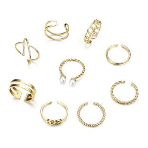 loyallook 9pcs vintage knuckle stackable rings set for women bohemian retro gold/silver plated midi ring hollow pearl comfort fit vsco joint finger rings adjustable (gold tone)