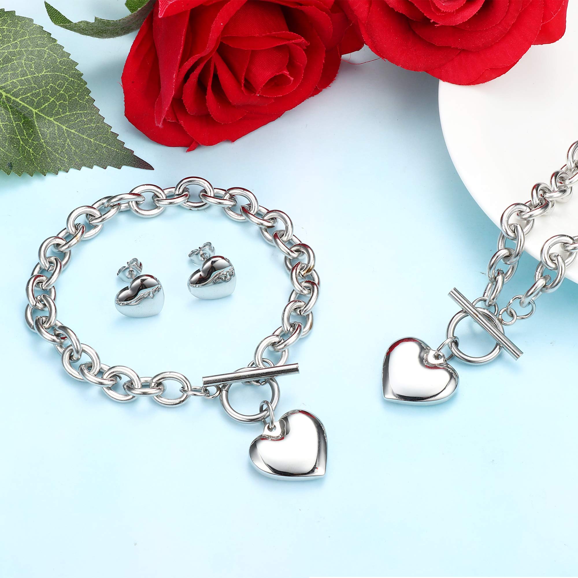 LOYALLOOK 3Sets Heart Pendant Necklace Toggle Chain Heart Bracelet Heart Stud Earrings for Women Stainless Steel Charm Love Heart Jewelry Set for Valentine's Day