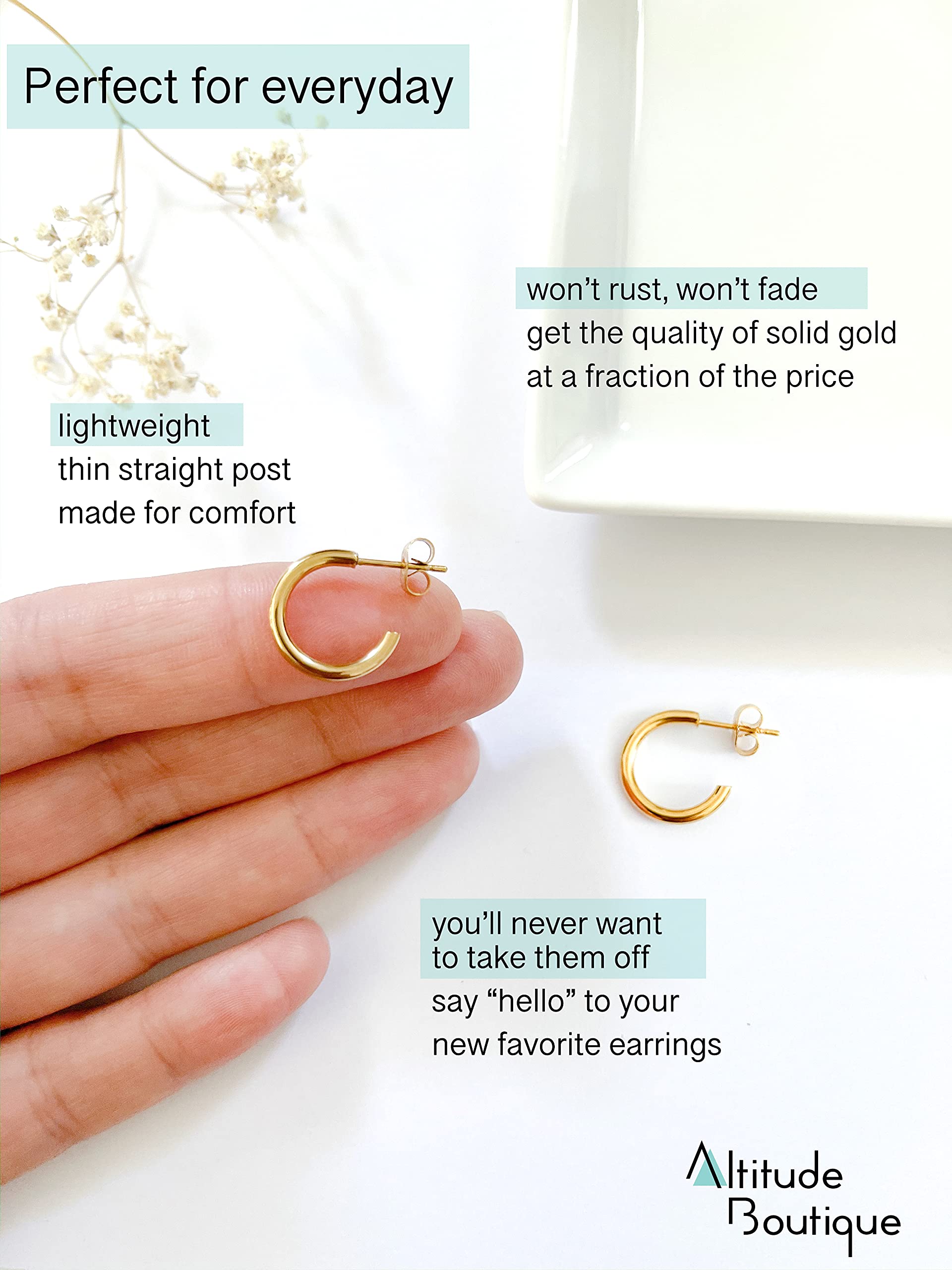 Altitude Boutique Small Gold Hoop Earrings For Women | 18kt Gold Plated Thin Tube Earrings | Lightweight, Hypoallergenic Chunky Gold Open Hoops (Gold 15mm)