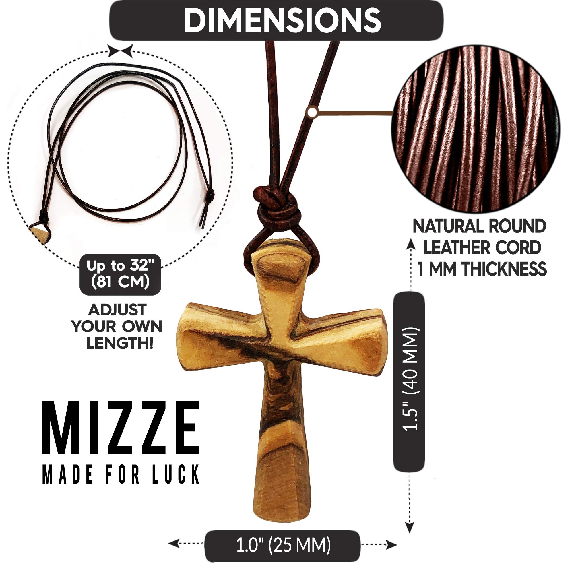 Hand Carved Tapered Wooden Cross Necklace for Men & Women on Adjustable 32" Brown Leather Cord - Wood Cross Pendant for Boys Girls Men & women