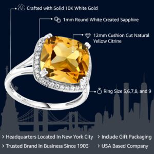 Gem Stone King 10K White Gold Yellow Citrine and White Created Sapphire Women's Ring (6.09 Ct Cushion 12MM, Gemstone Birthstone, Available In Size 5, 6, 7, 8, 9)