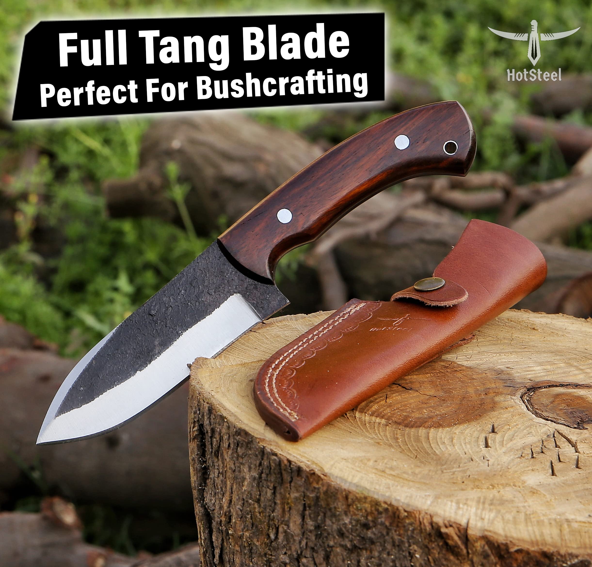 High Carbon Steel Knife - Handmade Full Tang Bushcraft Knife - Hunting Knife, Survival Knife, Fixed Blade Knife & Camping Knife - Camping Knives & Hunting Knives with Rosewood Handle & leather Sheath