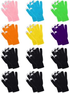 12 pairs winter touchscreen gloves for men women stretch knitted texting gloves warm windproof solid color mittens(7 x 4 inch,black, pink, green, purple, orange, blue, yellow)