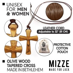 Hand Carved Tapered Wooden Cross Necklace for Men & Women on Adjustable 32" Brown Leather Cord - Wood Cross Pendant for Boys Girls Men & women