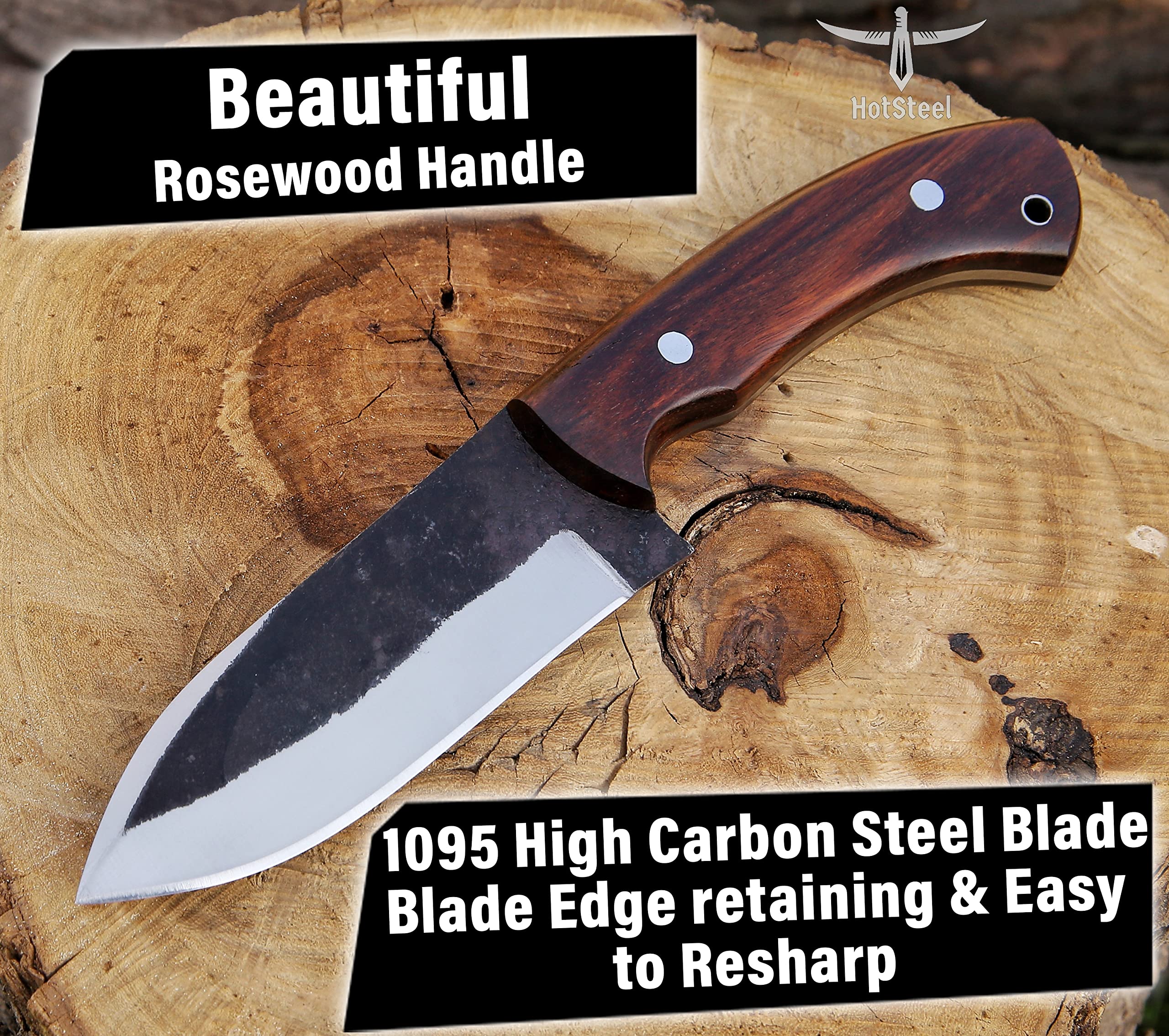 High Carbon Steel Knife - Handmade Full Tang Bushcraft Knife - Hunting Knife, Survival Knife, Fixed Blade Knife & Camping Knife - Camping Knives & Hunting Knives with Rosewood Handle & leather Sheath