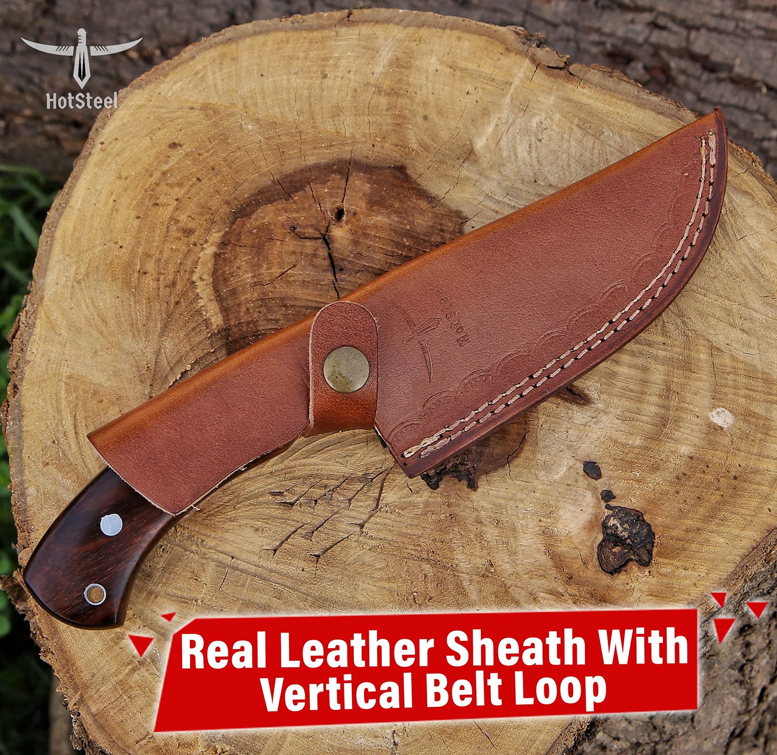 High Carbon Steel Knife - Handmade Full Tang Bushcraft Knife - Hunting Knife, Survival Knife, Fixed Blade Knife & Camping Knife - Camping Knives & Hunting Knives with Rosewood Handle & leather Sheath