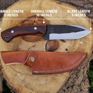 High Carbon Steel Knife - Handmade Full Tang Bushcraft Knife - Hunting Knife, Survival Knife, Fixed Blade Knife & Camping Knife - Camping Knives & Hunting Knives with Rosewood Handle & leather Sheath