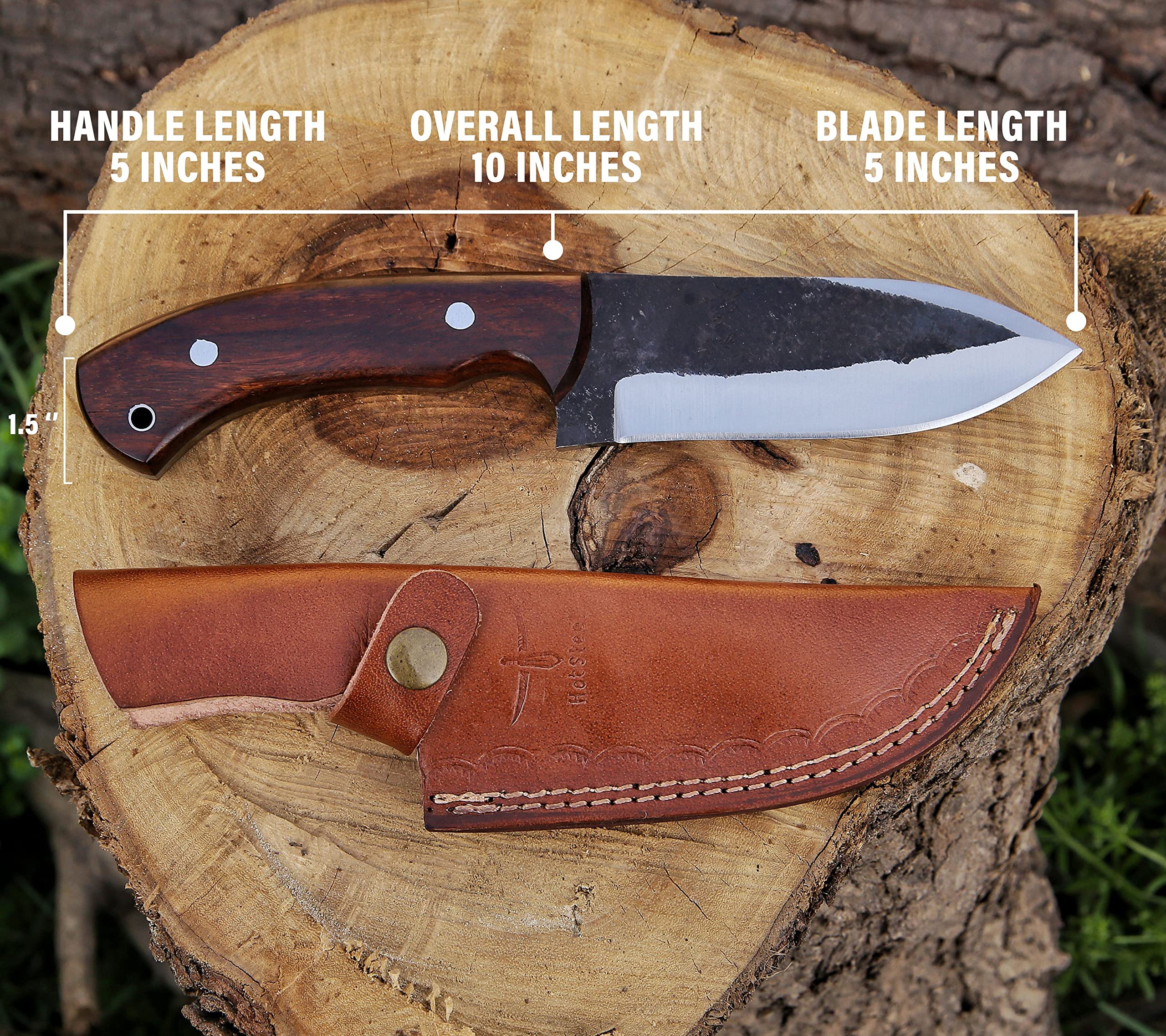 High Carbon Steel Knife - Handmade Full Tang Bushcraft Knife - Hunting Knife, Survival Knife, Fixed Blade Knife & Camping Knife - Camping Knives & Hunting Knives with Rosewood Handle & leather Sheath