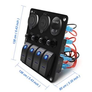 FXC Waterproof Marine Boat Rocker Switch Panel 4 Gang with QC3.0 USB & Type-C Slot Socket + Cigarette Lighter +LED Voltmeter with Overload Protection for Car Rv Vehicles Truck (4 Gang Blue LED)