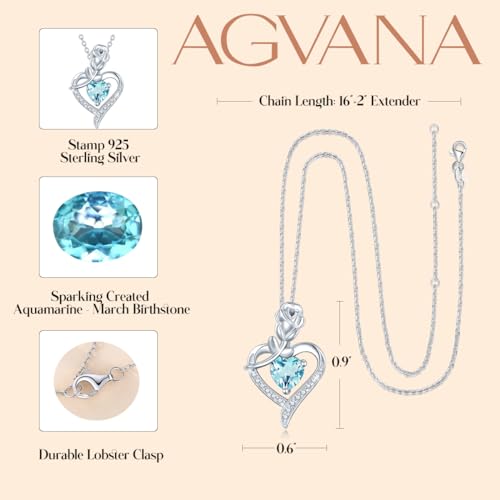 AGVANA March Birthstone Jewelry Aquamarine Necklace for Women Sterling Silver Rose Flower Heart Pendant Necklace Fine Jewelry Anniversary Birthday Gifts for Women Wife Lady Her