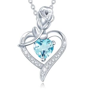 agvana march birthstone jewelry aquamarine necklace for women sterling silver rose flower heart pendant necklace fine jewelry anniversary birthday gifts for women wife lady her