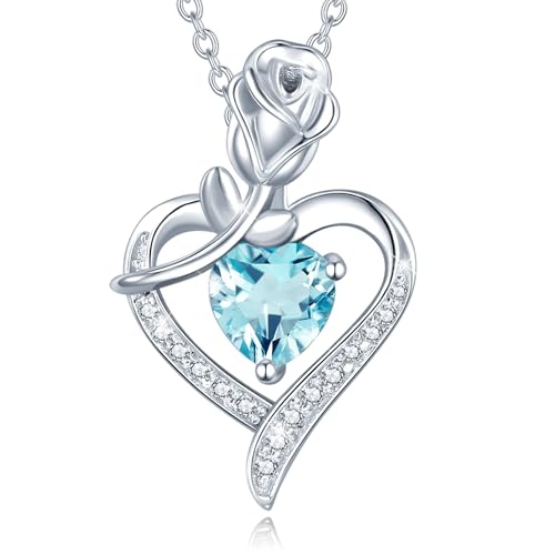 AGVANA March Birthstone Jewelry Aquamarine Necklace for Women Sterling Silver Rose Flower Heart Pendant Necklace Fine Jewelry Anniversary Birthday Gifts for Women Wife Lady Her