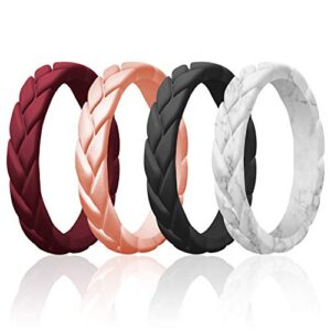 roq silicone rubber wedding ring for women, thin stackable rubber silicone wedding band, bridal jewelry set, leaves style, 4mm wide 2mm thick, 4 pack, black, bronze, bordeaux, rose gold, size 7