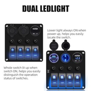 FXC Waterproof Marine Boat Rocker Switch Panel 4 Gang with QC3.0 USB & Type-C Slot Socket + Cigarette Lighter +LED Voltmeter with Overload Protection for Car Rv Vehicles Truck (4 Gang Blue LED)