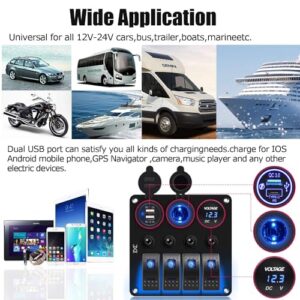 FXC Waterproof Marine Boat Rocker Switch Panel 4 Gang with QC3.0 USB & Type-C Slot Socket + Cigarette Lighter +LED Voltmeter with Overload Protection for Car Rv Vehicles Truck (4 Gang Blue LED)