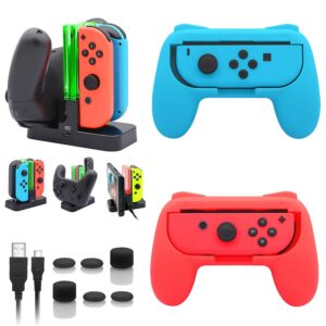 fastsnail charging dock and 2 pack switch grips kit for nintendo switch joy con & oled model, charger stand station with charging cable, wear-resistant grip controller with 6 thumb grip