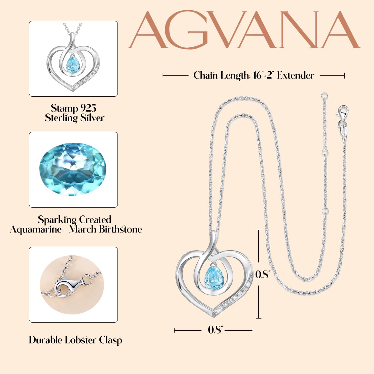 AGVANA March Birthstone Jewelry Aquamarine Necklace for Women Sterling Silver Forever Love Infinity Heart Pendant Necklace Anniversary Birthday Gifts for Women Mom Wife Her