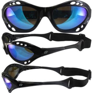 Birdz Eyewear Seahawk Polarized Padded Sunglasses Jetski Kayaking Watersports Black Frames 2 Pairs with Blue & Red Reflectech Lenses