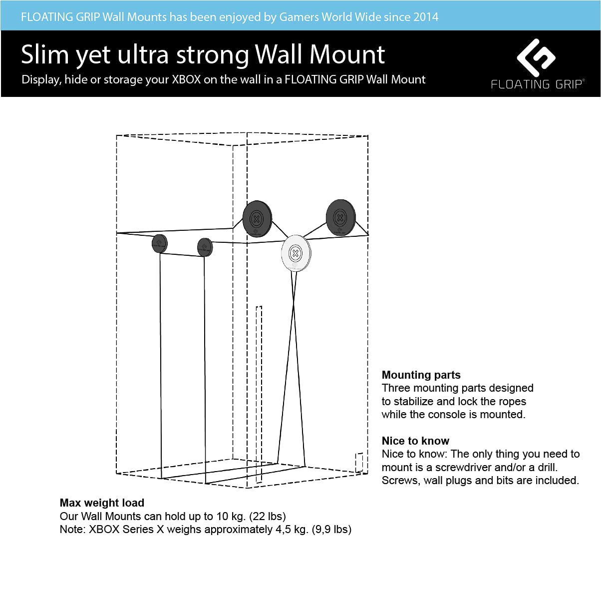 Xbox Series X Wall Mount Solution by FLOATING GRIP - Mounting Kit for Hanging & Displaying Consoles in Video Gaming Room (Standard: Fits Xbox Series X, Black)