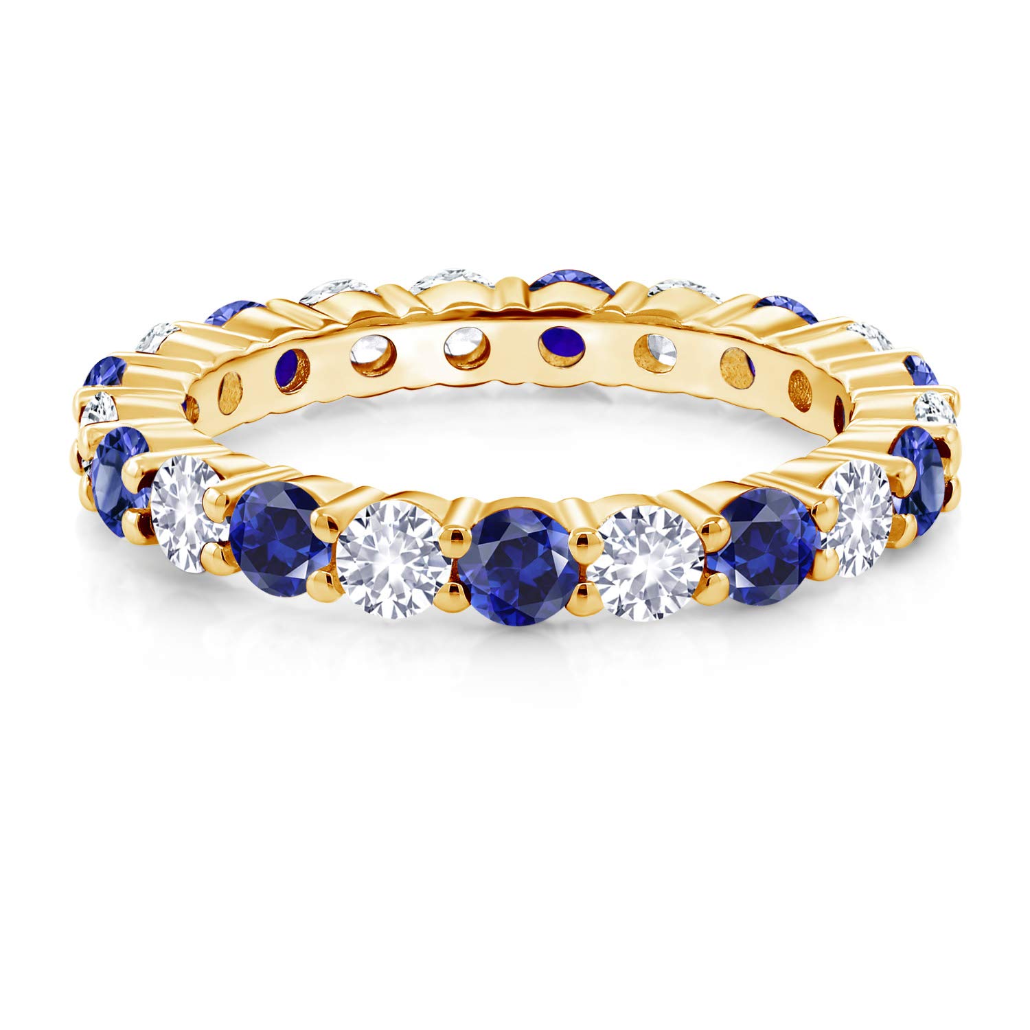 Gem Stone King 18K Yellow Gold Plated Silver Round Blue and White Created Sapphire Eternity Band Ring For Women (2.70 Cttw, Available In Size 5, 6, 7, 8, 9)