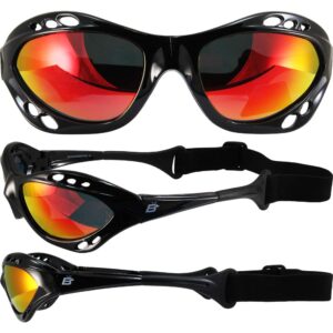 Birdz Eyewear Seahawk Polarized Padded Sunglasses Jetski Kayaking Watersports Black Frames 2 Pairs with Blue & Red Reflectech Lenses