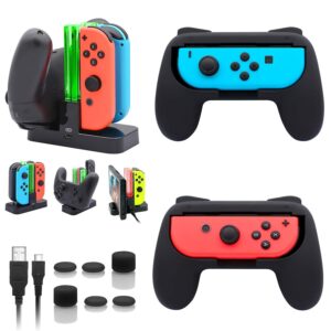 fastsnail charging dock and 2 pack switch grips kit for nintendo switch joy con & oled model, charger stand station with charging cable, wear-resistant grip controller with 6 thumb grip