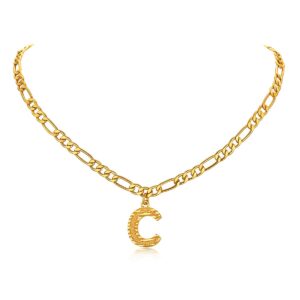 focalook initial necklace for women men teens letter c pendant 14k gold plated necklaces 18 inch figaro chain (c)