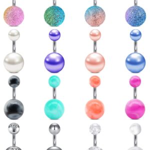 Longita 16pcs Belly Button Rings Short Bar 6mm 1/4" Stainless Steel 14g Pearl Colorful Rubber Ball Belly Ring Navel Piercing Jewelry Pack