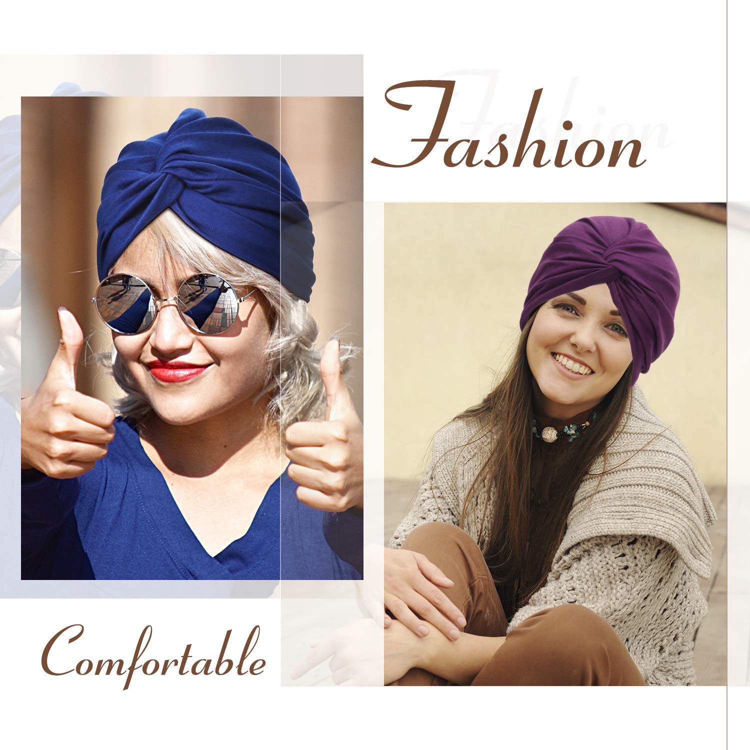 SATINIOR 4 Pieces Turbans for Women Soft Pre Tied Knot Fashion Pleated Cancer Turban Cap Chemo Headwrap Sleep Hat, 4 Colors(Black, Gray, Royal Blue, Purple)