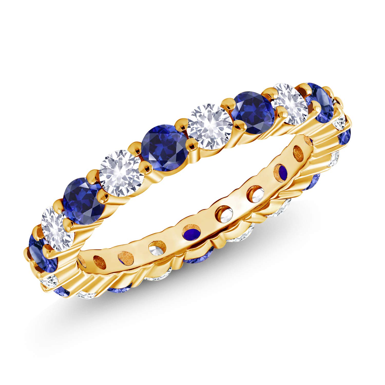 Gem Stone King 18K Yellow Gold Plated Silver Round Blue and White Created Sapphire Eternity Band Ring For Women (2.70 Cttw, Available In Size 5, 6, 7, 8, 9)