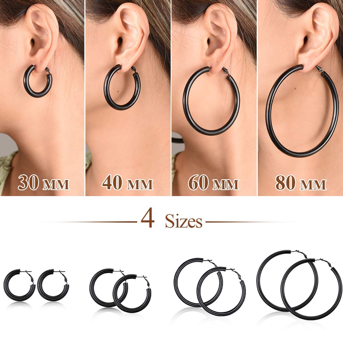 FOCALOOK Hoop Earrings Black Stainless Steel 40mm Chunky Round Cirlcle Endless Hoops for Women