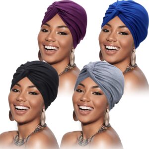 satinior 4 pieces turbans for women soft pre tied knot fashion pleated cancer turban cap chemo headwrap sleep hat, 4 colors(black, gray, royal blue, purple)