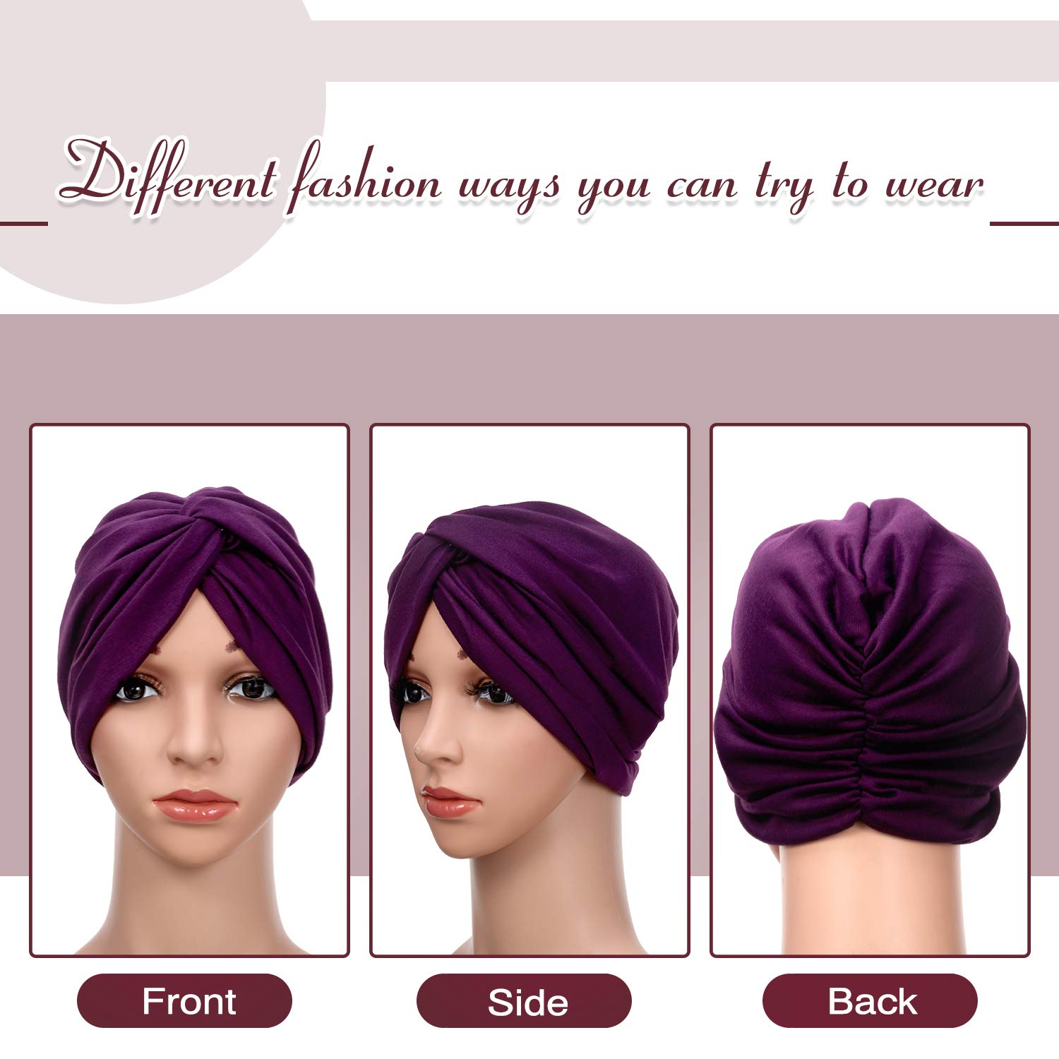 SATINIOR 4 Pieces Turbans for Women Soft Pre Tied Knot Fashion Pleated Cancer Turban Cap Chemo Headwrap Sleep Hat, 4 Colors(Black, Gray, Royal Blue, Purple)