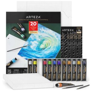 arteza metallic acrylic painting art set, 12 colors acrylic paint, 15 detail brushes and 7x8.6 inches foldable canvas paper pad bundle, art supplies for artists & hobby painters