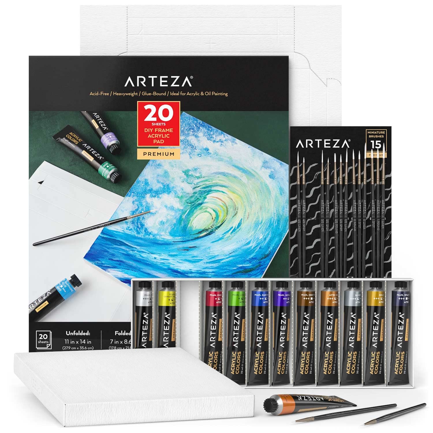 Arteza Metallic Acrylic Painting Art Set, 12 Colors Acrylic Paint, 15 Detail Brushes and 7x8.6 Inches Foldable Canvas Paper Pad Bundle, Art Supplies for Artists & Hobby Painters