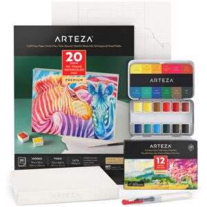 arteza watercolor painting art set, watercolor half-pans and foldable canvas paper bundle,diy kit, art supplies for artists & hobby painters