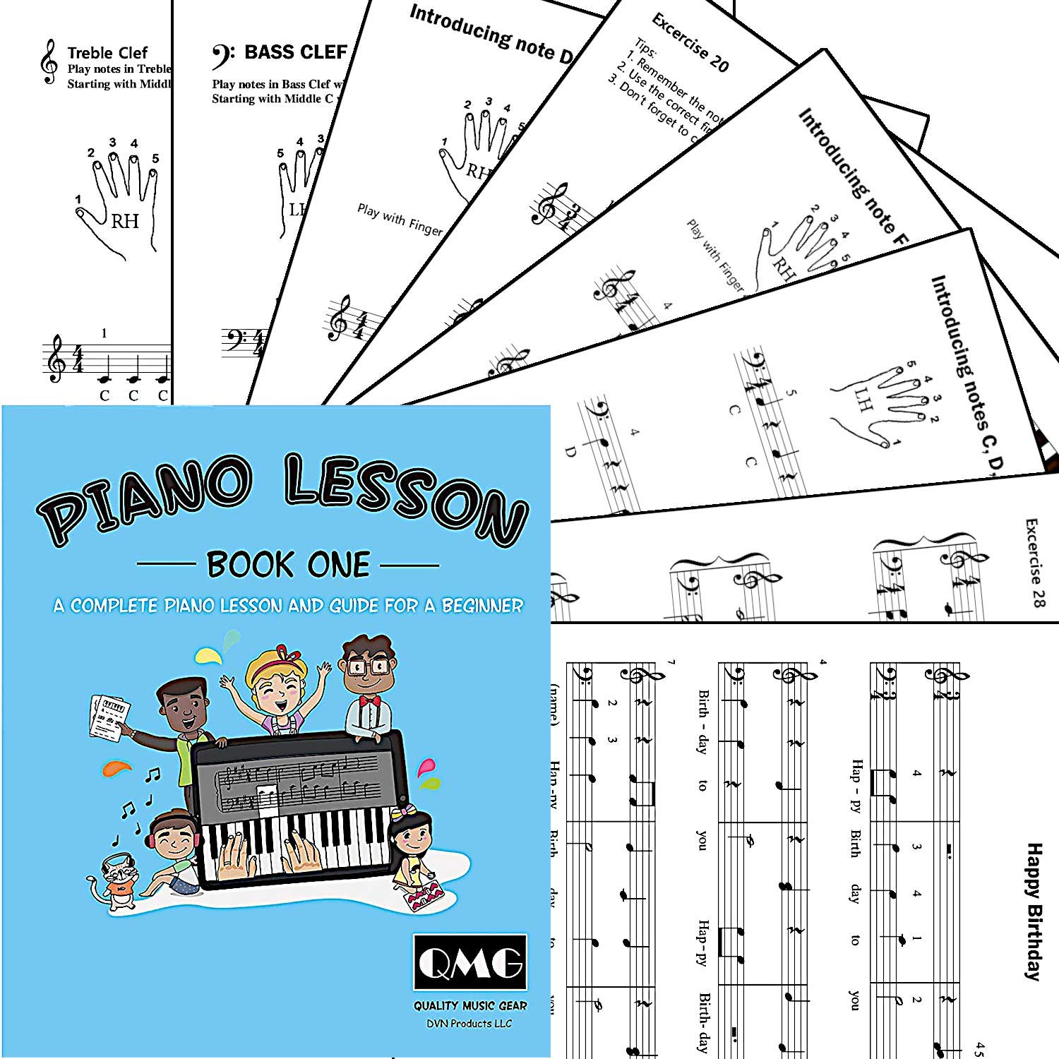 QMG Piano and Keyboard Stickers and Complete Piano Music Lesson and Guide Book for Kids and Beginners