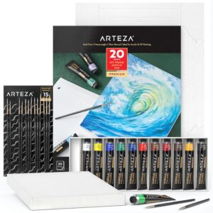 arteza acrylic painting art set, 12 colors acrylic paint, 15 detail brushes and 7x8.6 inches foldable canvas paper pad bundle, art supplies for artists & hobby painters