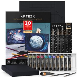 arteza gouache painting art set, metallic gouache paint 12 and foldable black canvas paper bundle, diy kit, art supplies for artists & beginners, art kit for adults