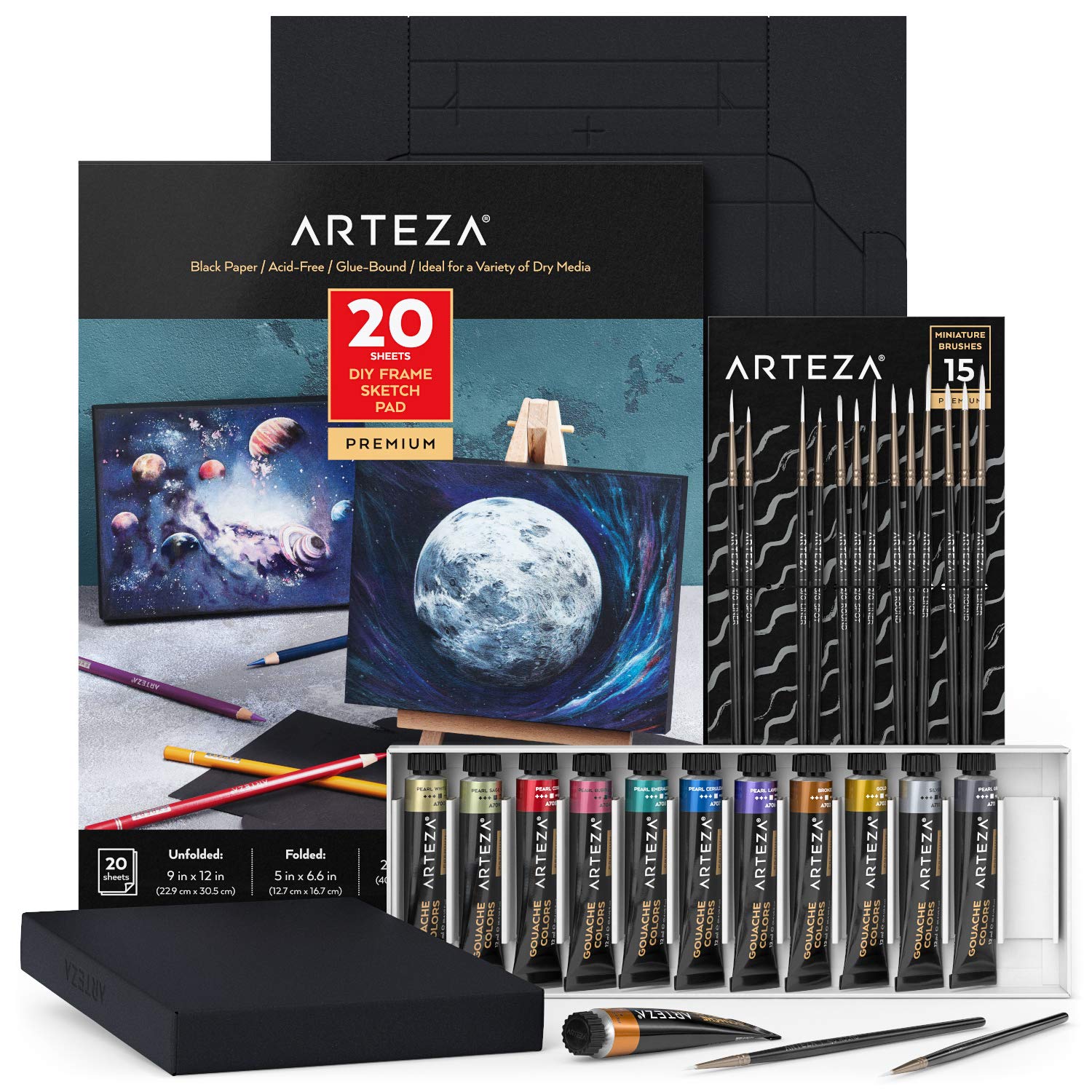 Arteza Gouache Painting Art Set, Metallic Gouache Paint 12 and Foldable Black Canvas Paper Bundle, DIY Kit, Art Supplies for Artists & Beginners, Art Kit for Adults