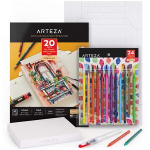 arteza watercolor drawing art set, woodless watercolor pencils 24 and foldable canvas paper bundle, diy kit, art supplies for artists & hobby painters